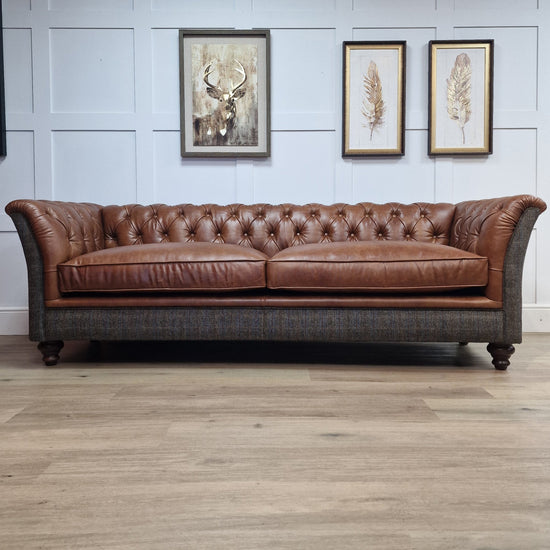 Berwick Harris Tweed & Leather Sofa | Grey & Blue Herringbone | Rydan ...